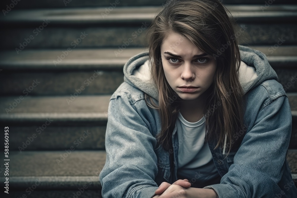 Depressed and sad teenage girl sitting in stairs. Generative AI Stock ...