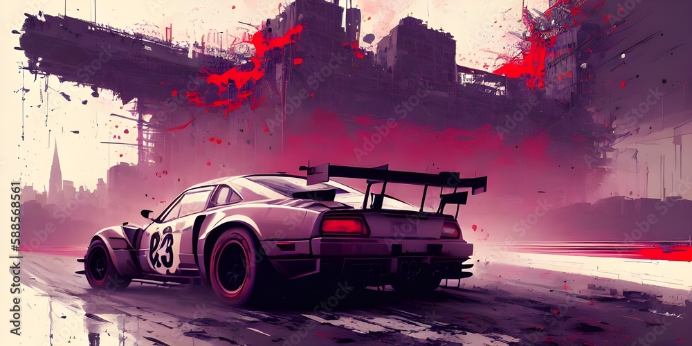 Artistic abstract painting of racing car, digital art illustration ...