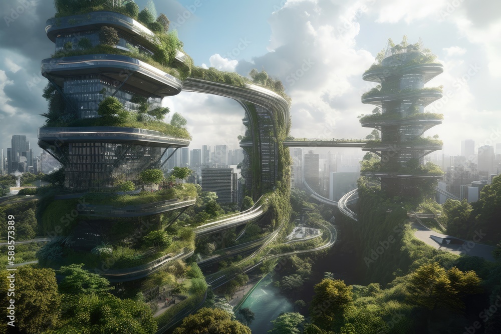 A futuristic cityscape featuring green infrastructure such as rooftop ...