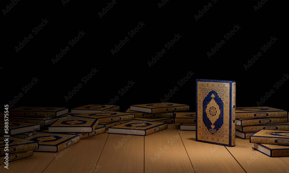 3d, Many Qurans on the wooden table, Islamic concept - The Holy Al ...