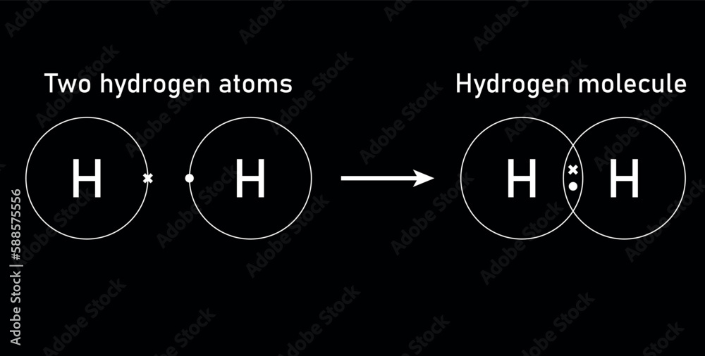 Covalent bond of the hydrogen molecule. Two hydrogen atoms and hydrogen ...