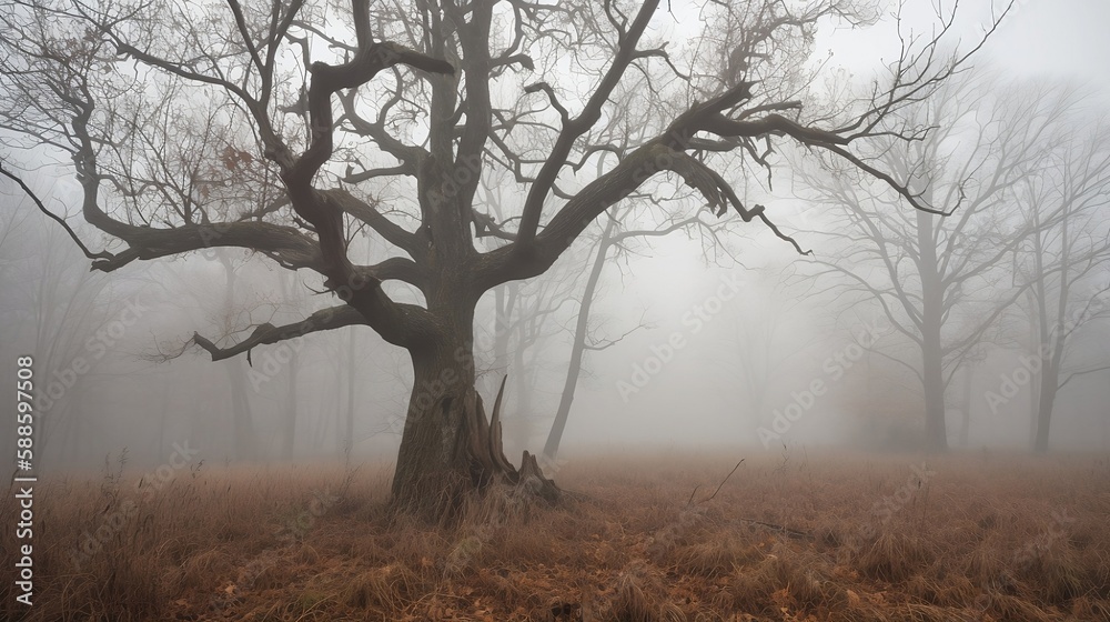 The landscape is shrouded in a thick blanket of fog, the visibility ...
