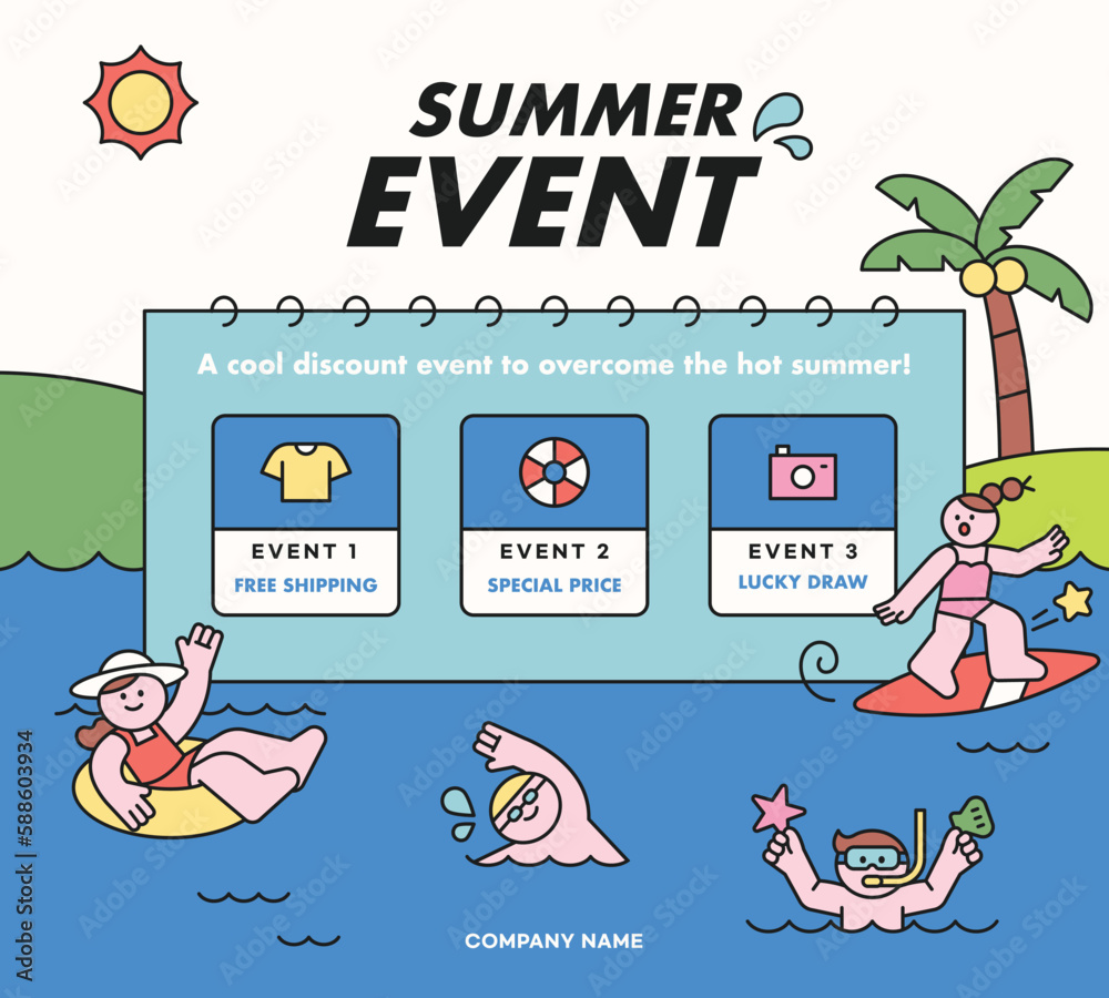 flat vector illustration. Summer event template. sea background. People ...