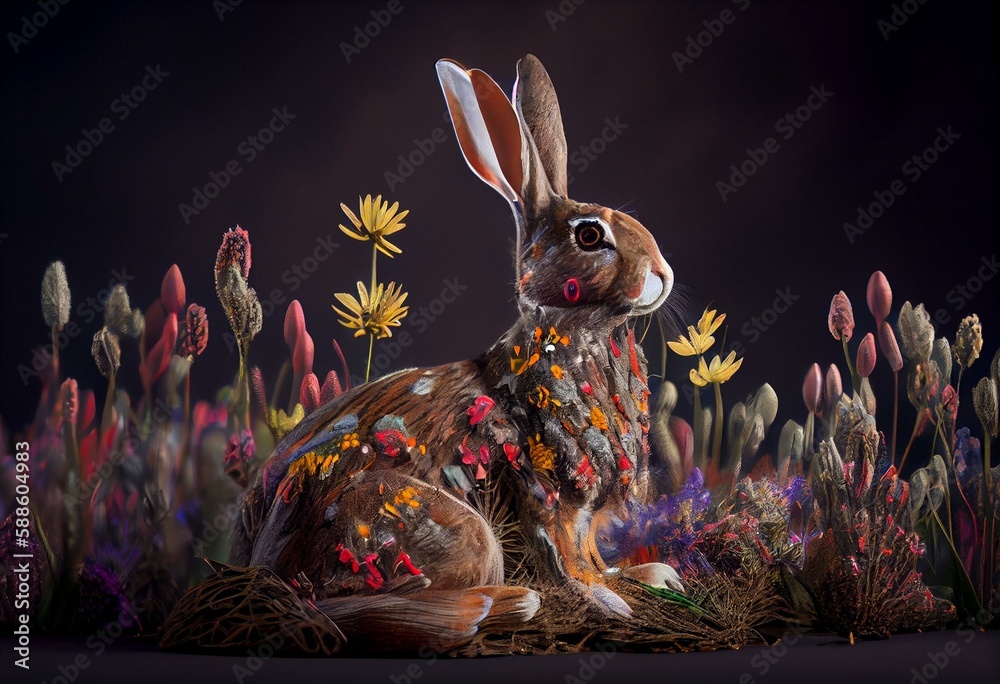 bunter lachender Osterhase mit bunten Blumen im Fell, generative AI ...