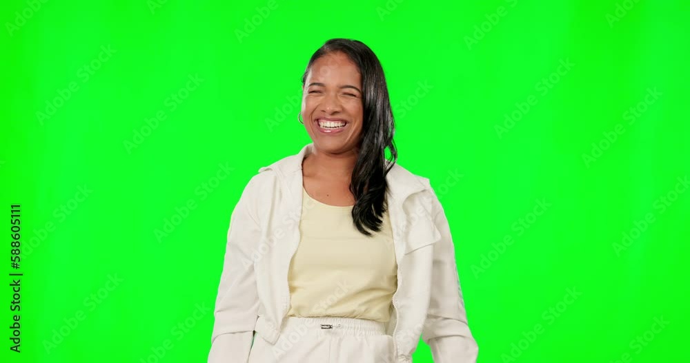 Face, green screen and woman in power pose in studio, empowered and ...