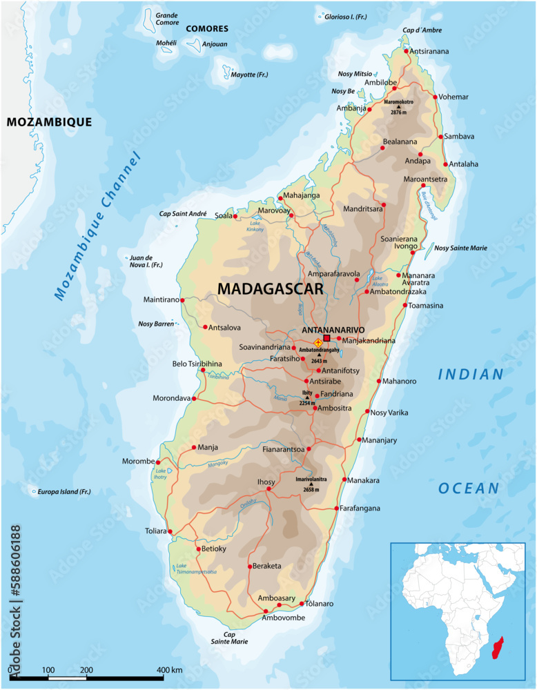 Detailed vector road map of the island nation of Madagascar Stock ...