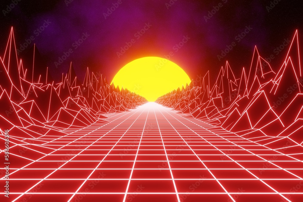 Red retro futuristic technology background 3d render, 80s retro ...