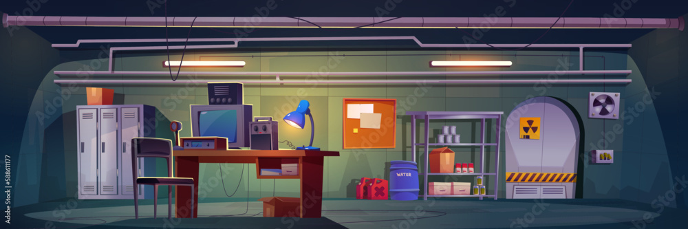 Underground shelter, secret bunker or lab. Control center basement room ...
