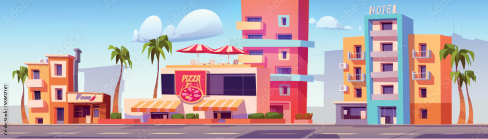 Miami city street with buildings, palm trees and road. Vector cartoon ...