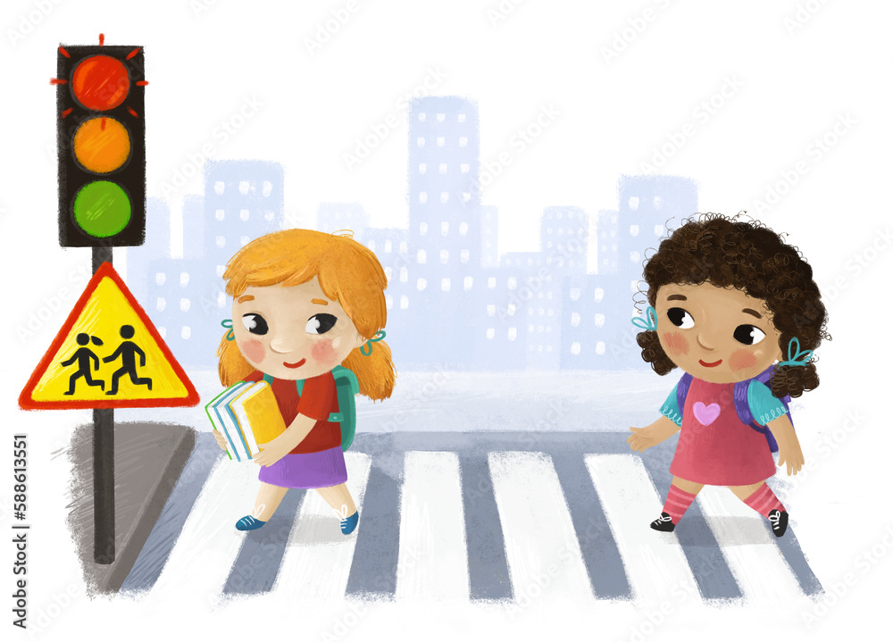 cartoon scene with child girl going through crossing in the city street ...