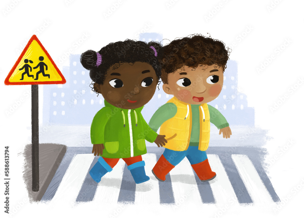 cartoon scene with child boy and girl going through crossing in the ...