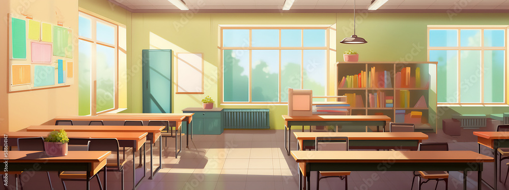Interior of the empty school classroom in cartoon style, generative ai ...