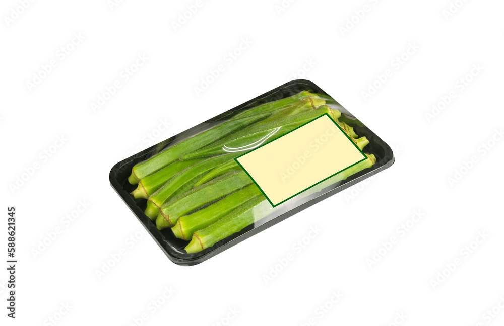 Package of Organic Okra vegetable with Plastic Wrapping and empty label ...