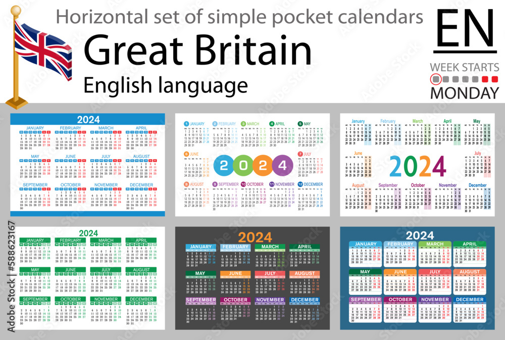 English horizontal set of pocket calendar for 2024. Week starts Monday ...