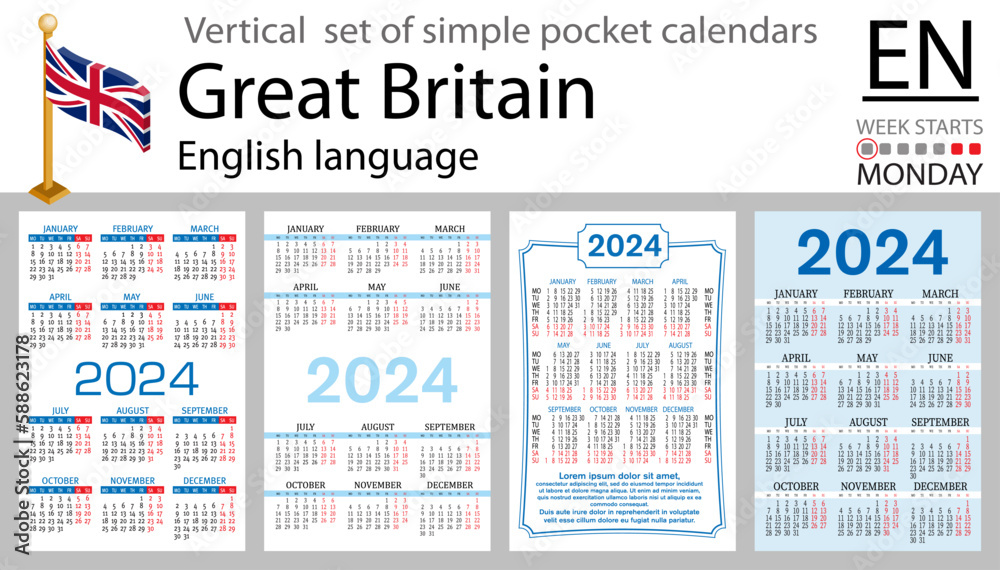 English vertical set of pocket calendar for 2024. Week starts Monday ...