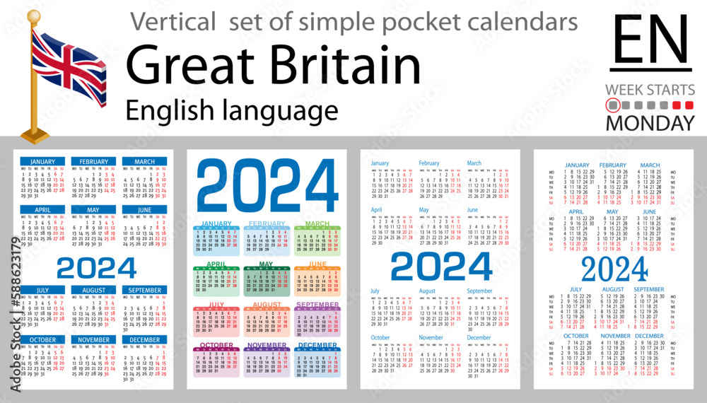 English vertical set of pocket calendar for 2024. Week starts Monday ...