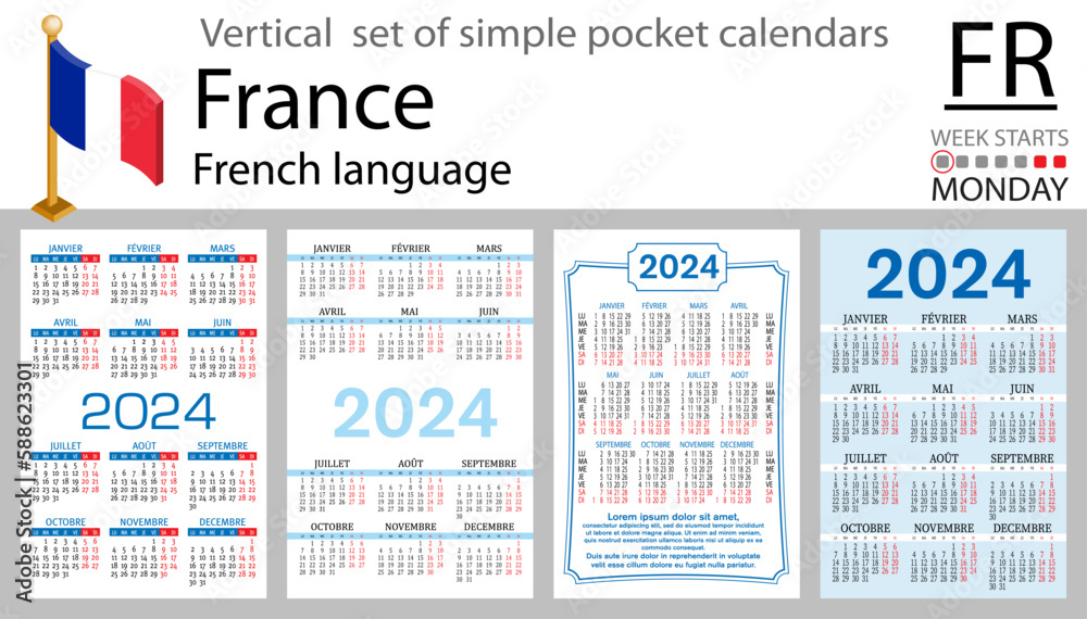 French vertical set of pocket calendar for 2024. Week starts Monday ...