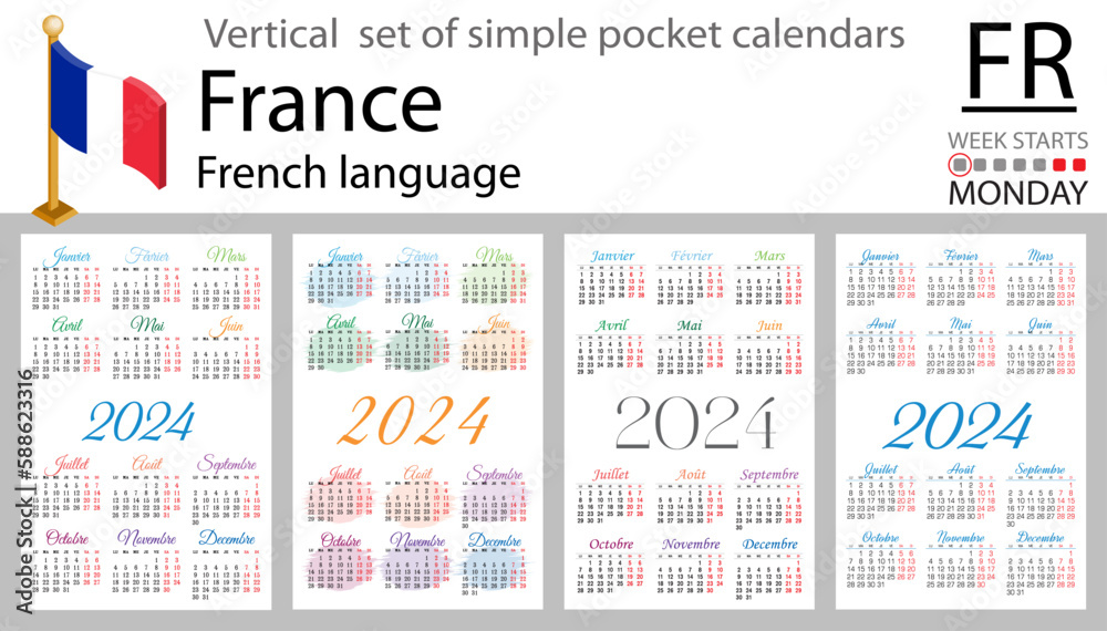 French vertical set of pocket calendar for 2024. Week starts Monday ...
