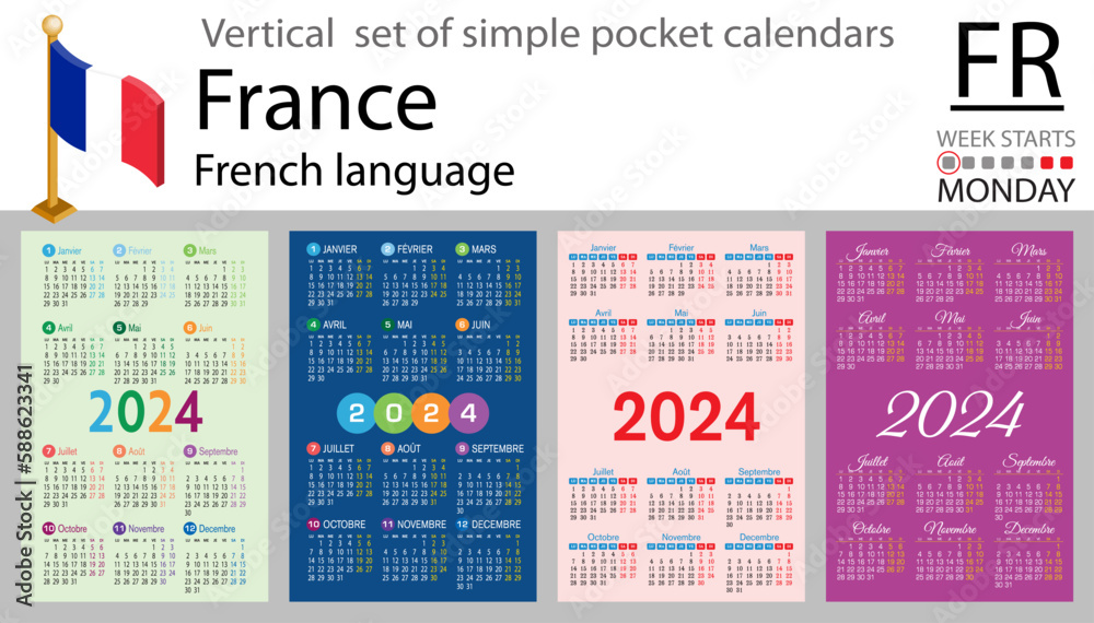 French vertical set of pocket calendar for 2024. Week starts Monday ...