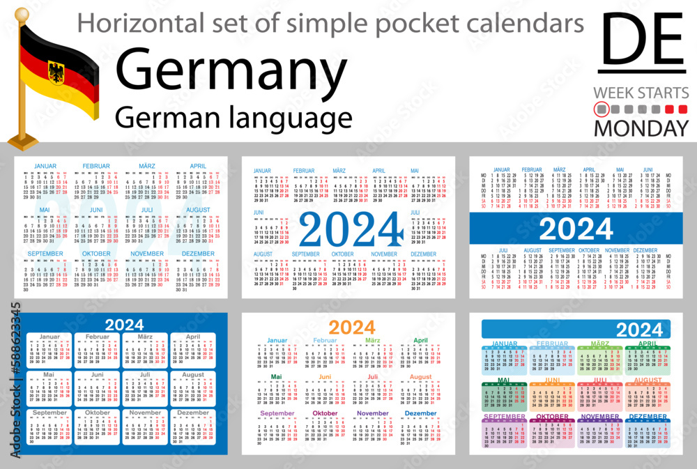 German horizontal set of pocket calendar for 2024. Week starts Monday ...