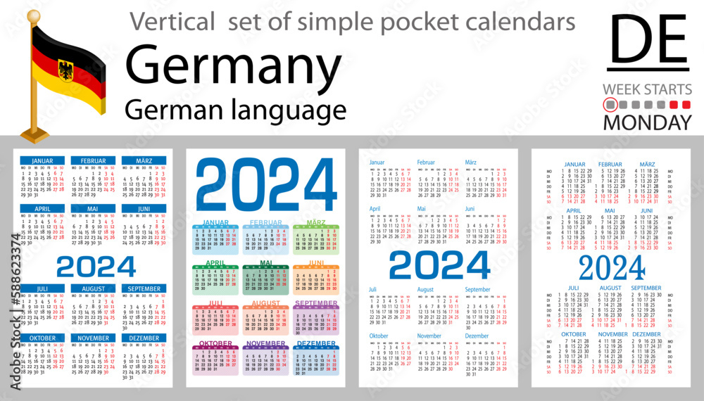 German vertical set of pocket calendar for 2024. Week starts Monday ...