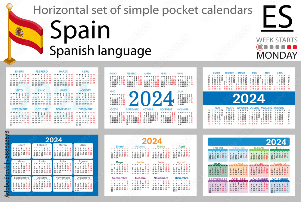 Spanish horizontal set of pocket calendar for 2024. Week starts Monday ...