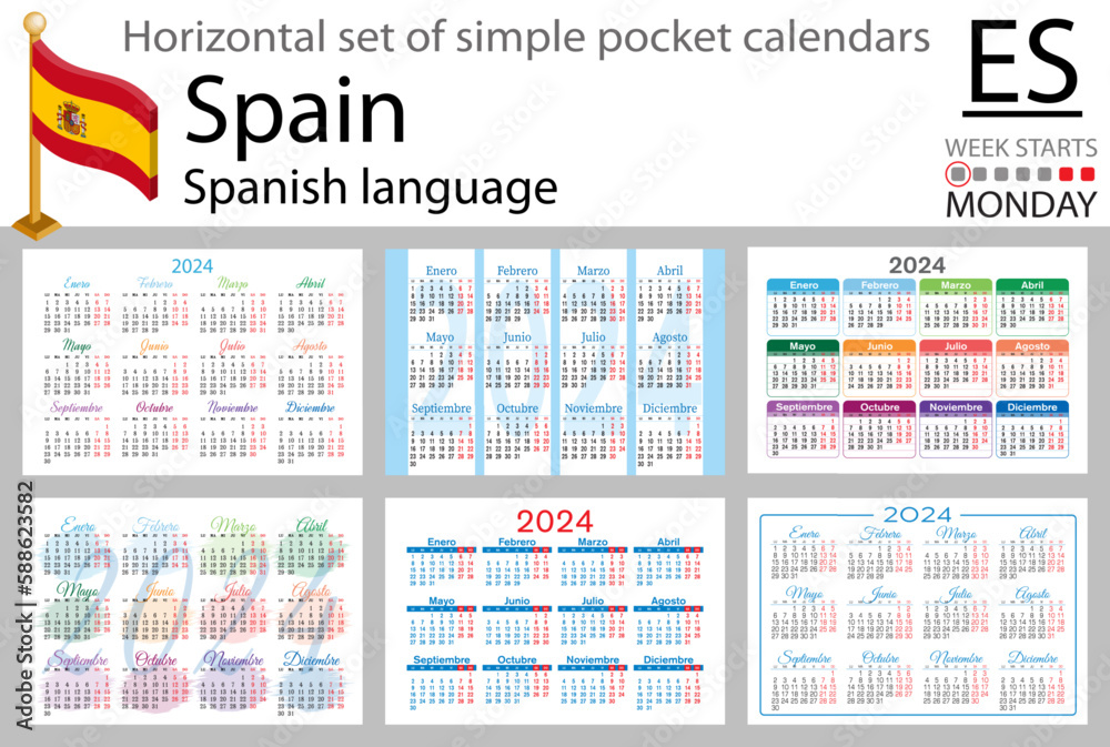 Spanish horizontal set of pocket calendar for 2024. Week starts Monday ...