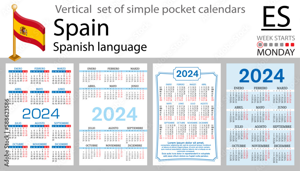 Spanish vertical set of pocket calendar for 2024. Week starts Monday ...