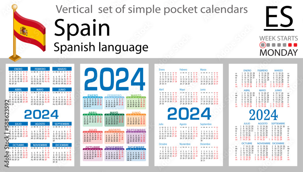 Spanish vertical set of pocket calendar for 2024. Week starts Monday ...