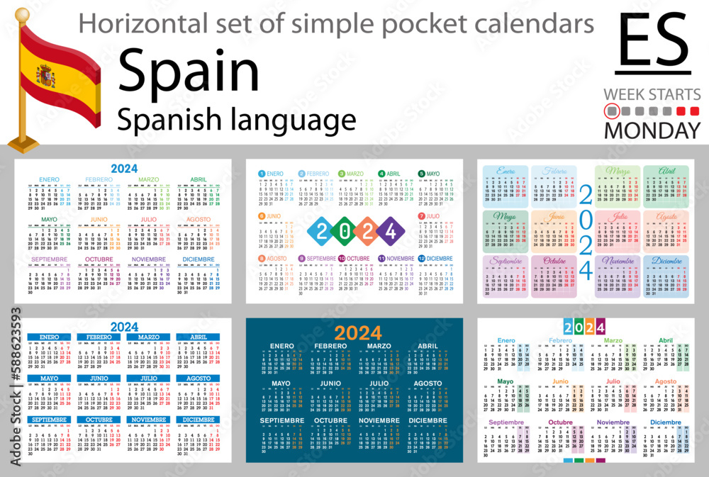 Spanish horizontal set of pocket calendar for 2024. Week starts Monday ...