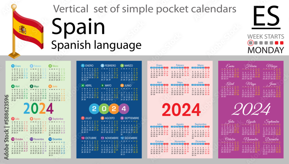 Spanish vertical set of pocket calendar for 2024. Week starts Monday ...