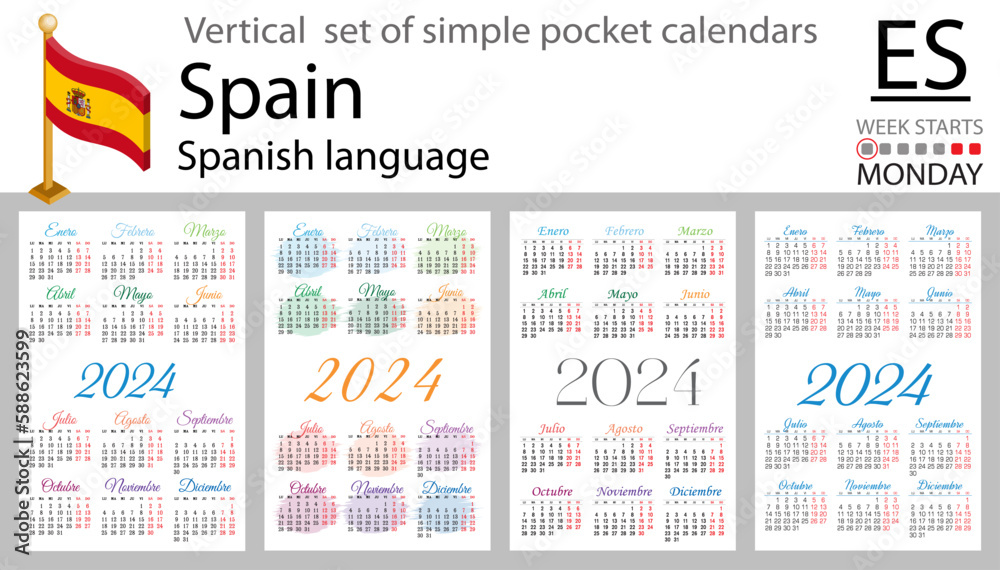 Spanish vertical set of pocket calendar for 2024. Week starts Monday ...