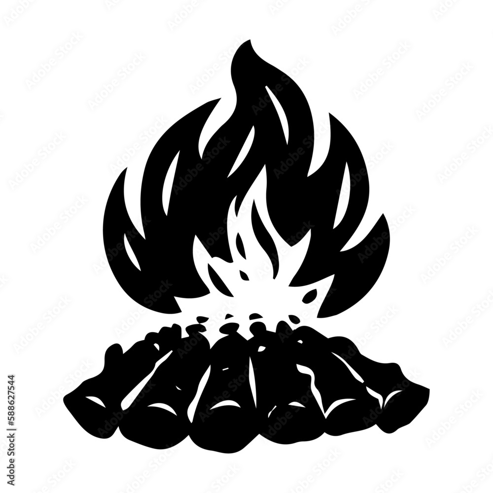 Vector black and white cartoon illustration of burning fire with wood ...