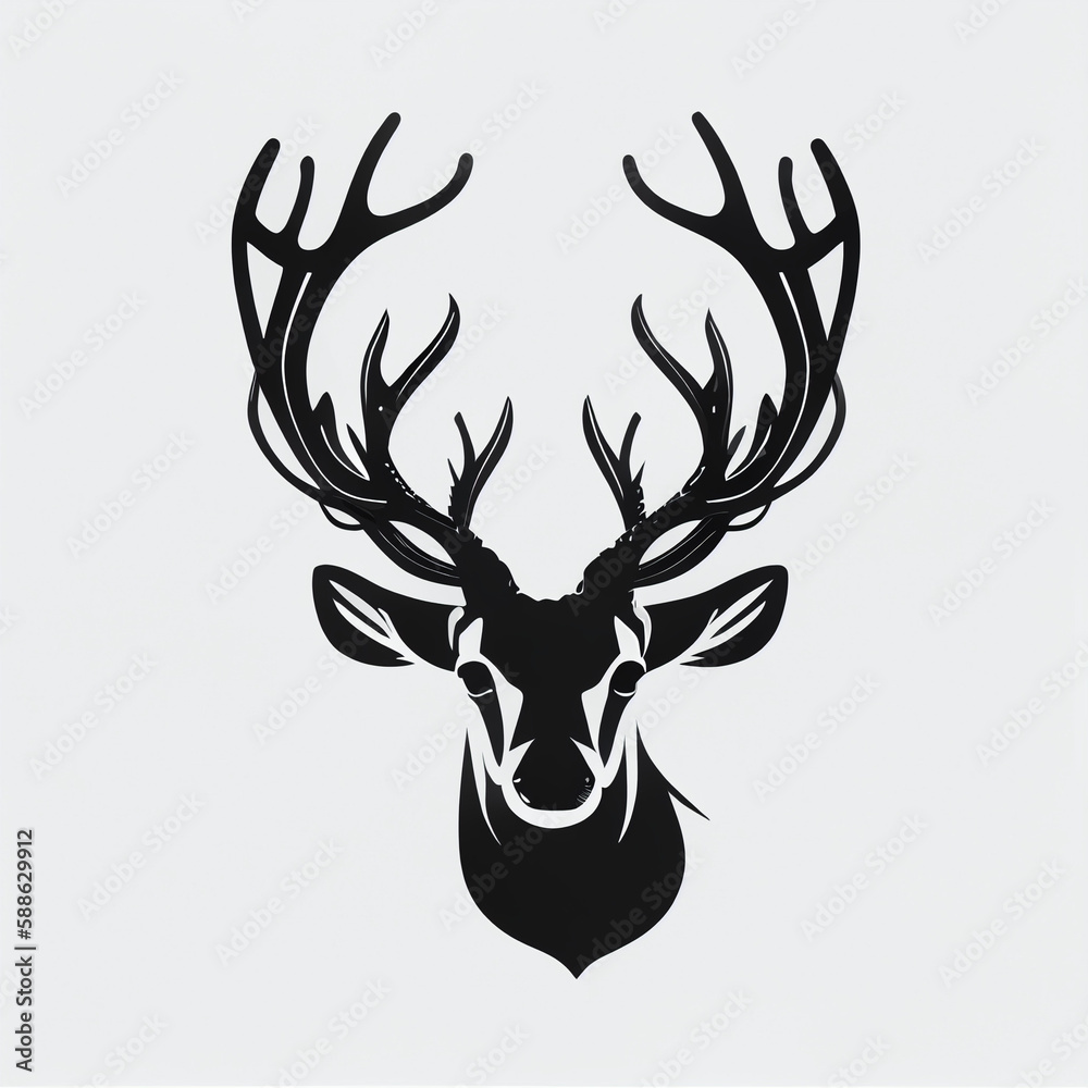 deer, horns,front view,black and white silhouette,white background,logo ...