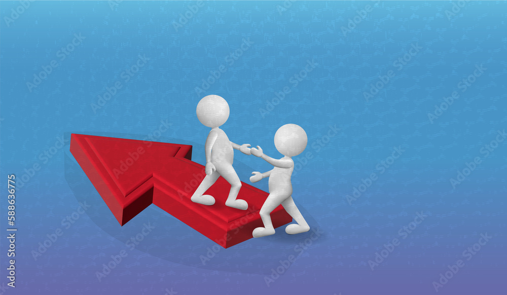 3D white people helping symbol with red arrow to growth in a successful ...