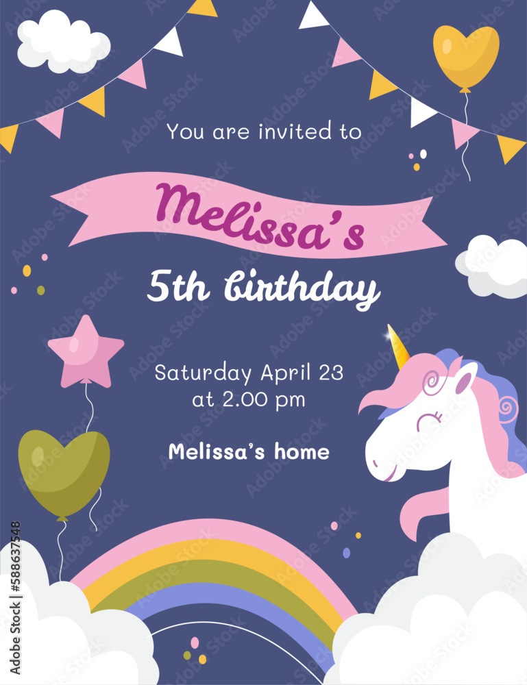 Cartoon unicorn theme invitation card template design. Rainbow and pony ...