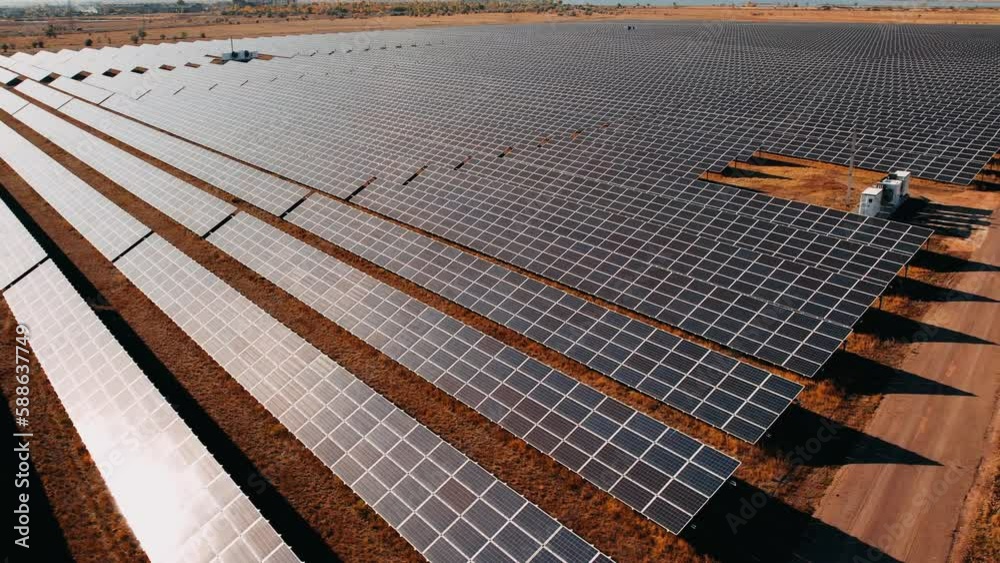 Solar farm, field or solar power plant in aerial with photovoltaic cell ...