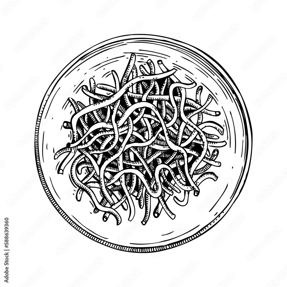 Hand drawn bowl with shio kombu. Dried thin strips of kombu with soy ...