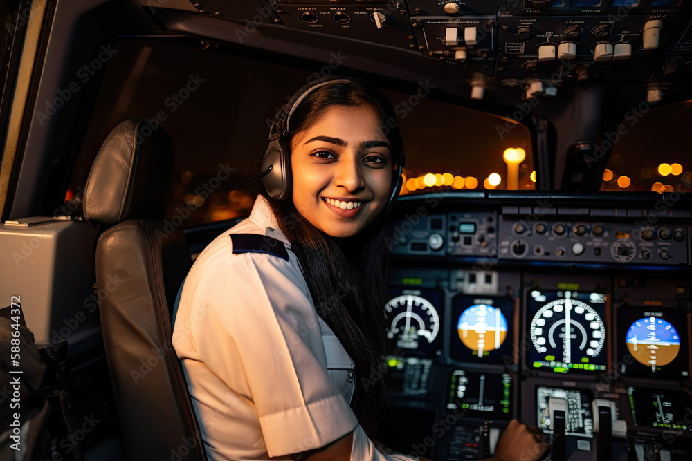 Indian female pilot smiling in the cockpit of aircraft, Night time ...
