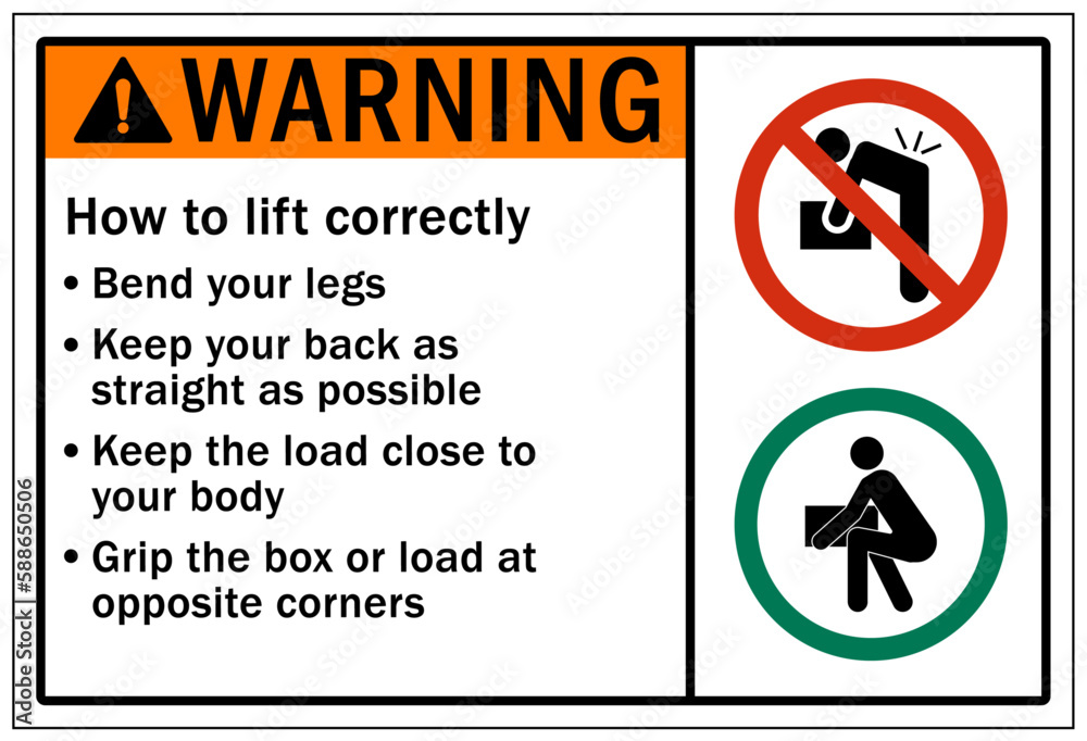 Lifting safety sign and labels how to lift correctly instructions Stock ...