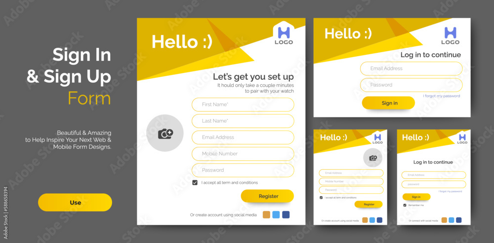 Set of Sign Up and Sign In forms. yellow gradient. Mobile Registration ...