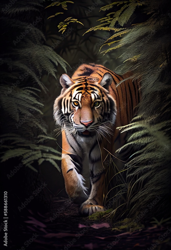Tiger prowling through the undergrowth, its powerful muscles rippling ...