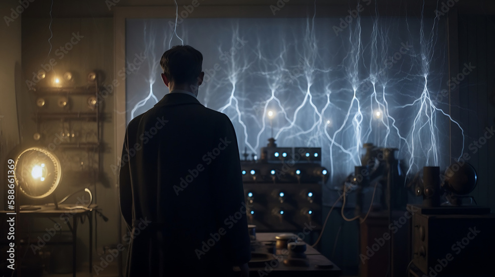 Rear view of an inventor, electrical researcher Nikola Tesla, in a ...