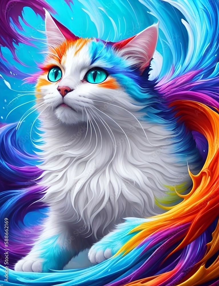Vivid design of cat portrait with paint splashes. Colorful print design ...