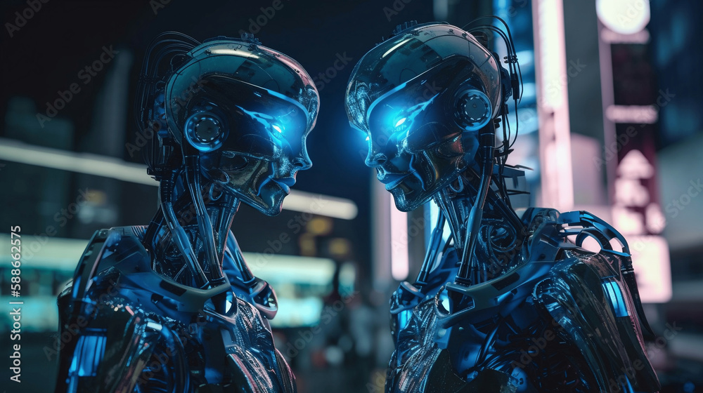 Two ultra modern robots standing on the street against the backdrop of ...