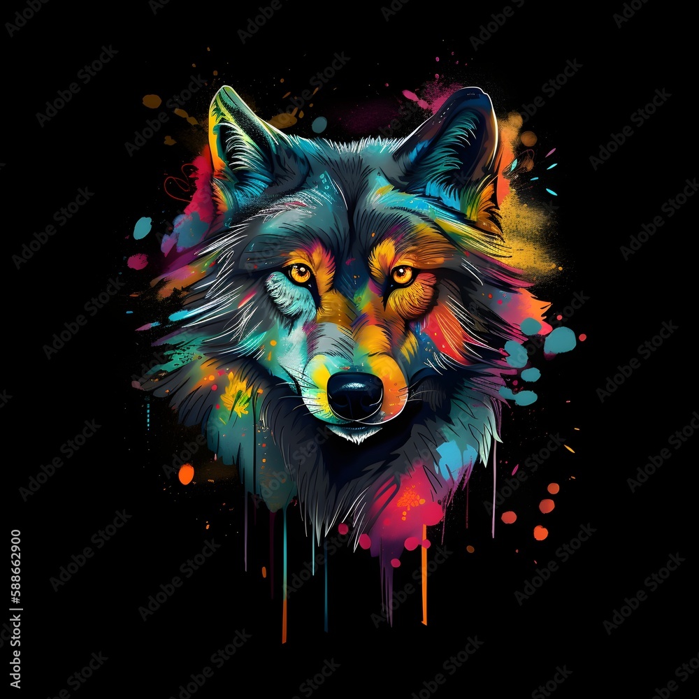 T-shirt design with wolf portrait. Colorful print design of wolf head ...