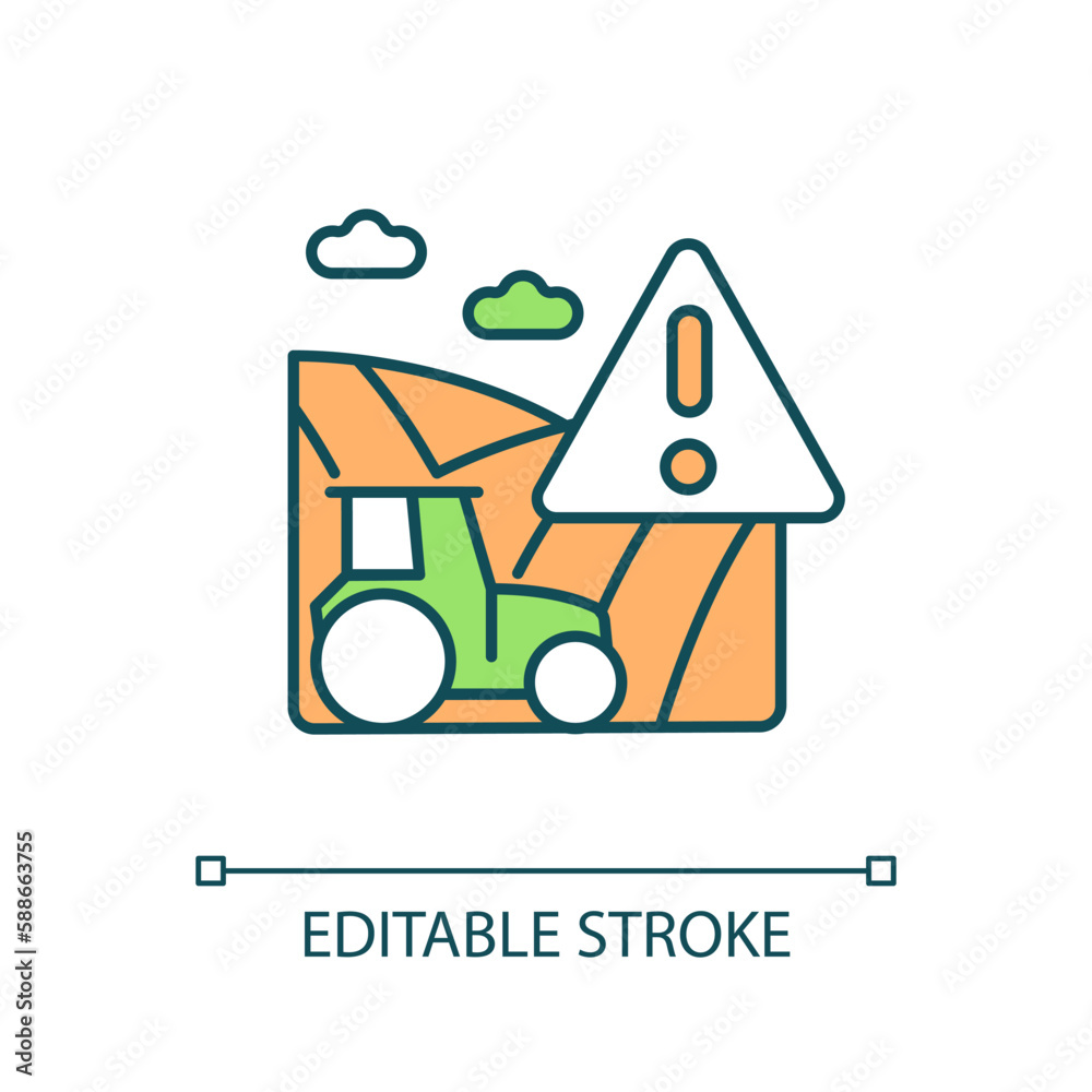 Farm areas exploration warning RGB color icon. Agricultural works ...