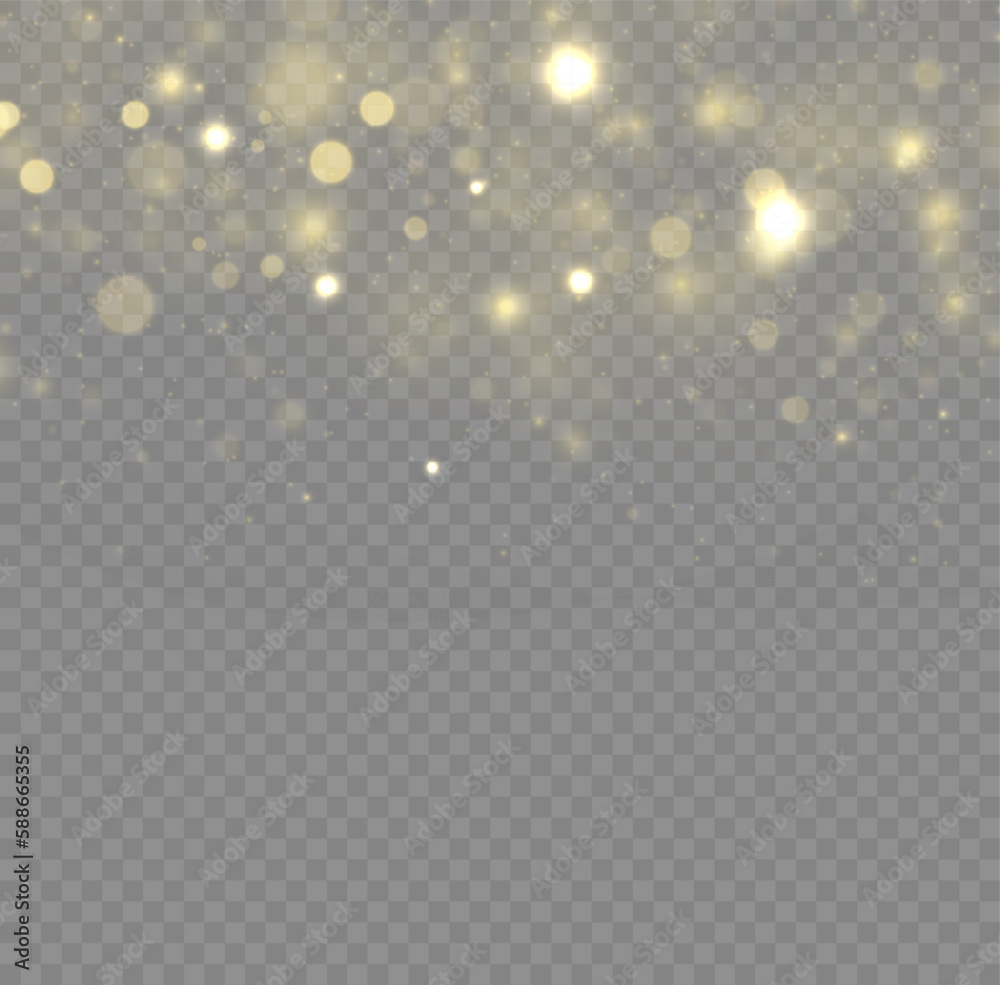 Abstract golden bokeh lights and sparkles on transparent background. Glowing sparks glitter ...