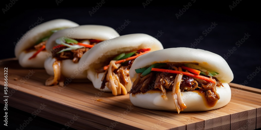 Traditional Chinese bao buns. Four stuffed bao buns present a feast of ...