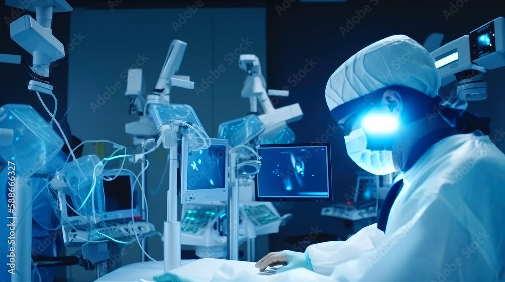 doctor using virtual reality in operating robot room, hospital ...